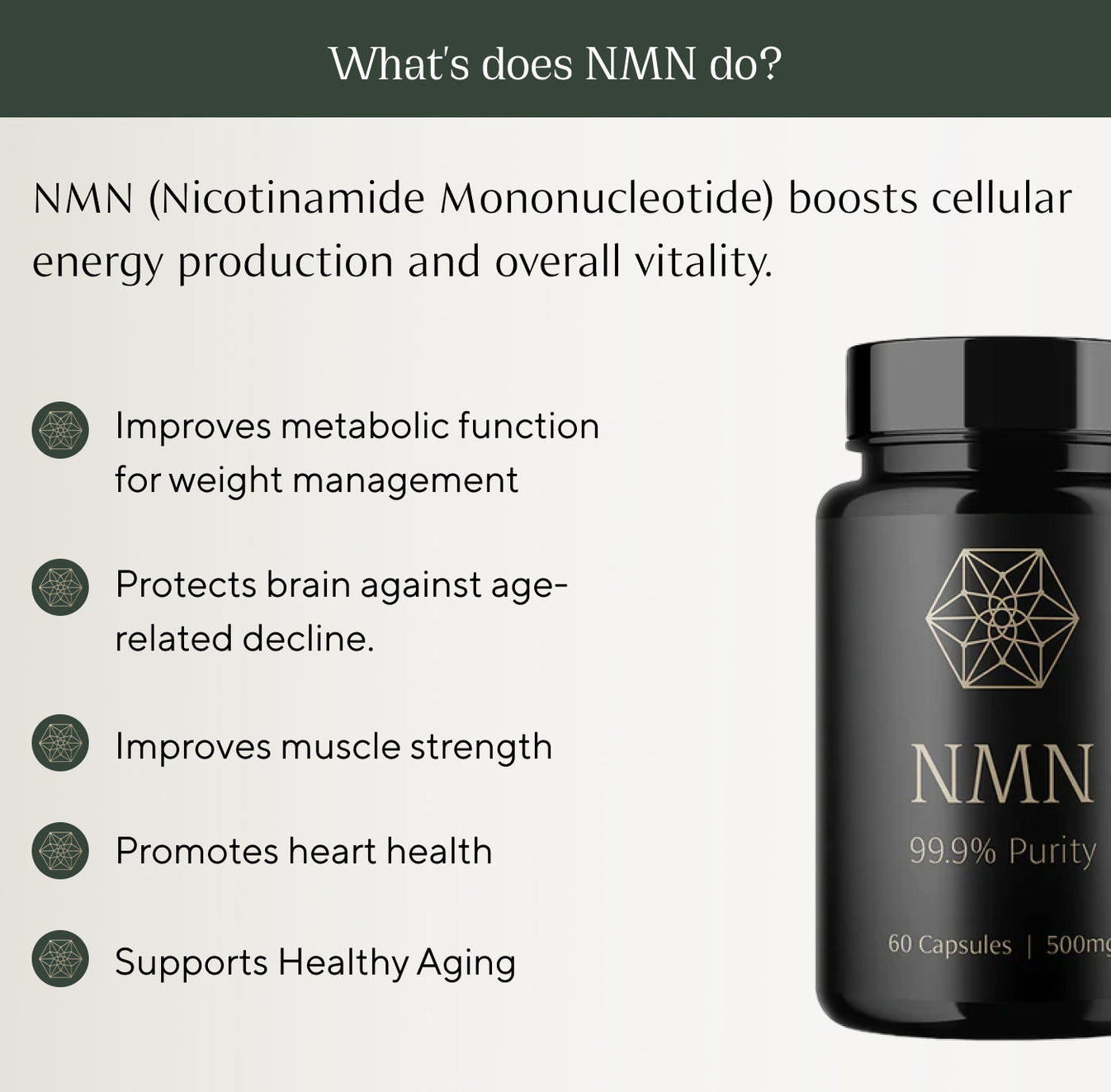 NMN 100% Pure & Stabilised (60 Capsules X 500mg) Third Party Tested